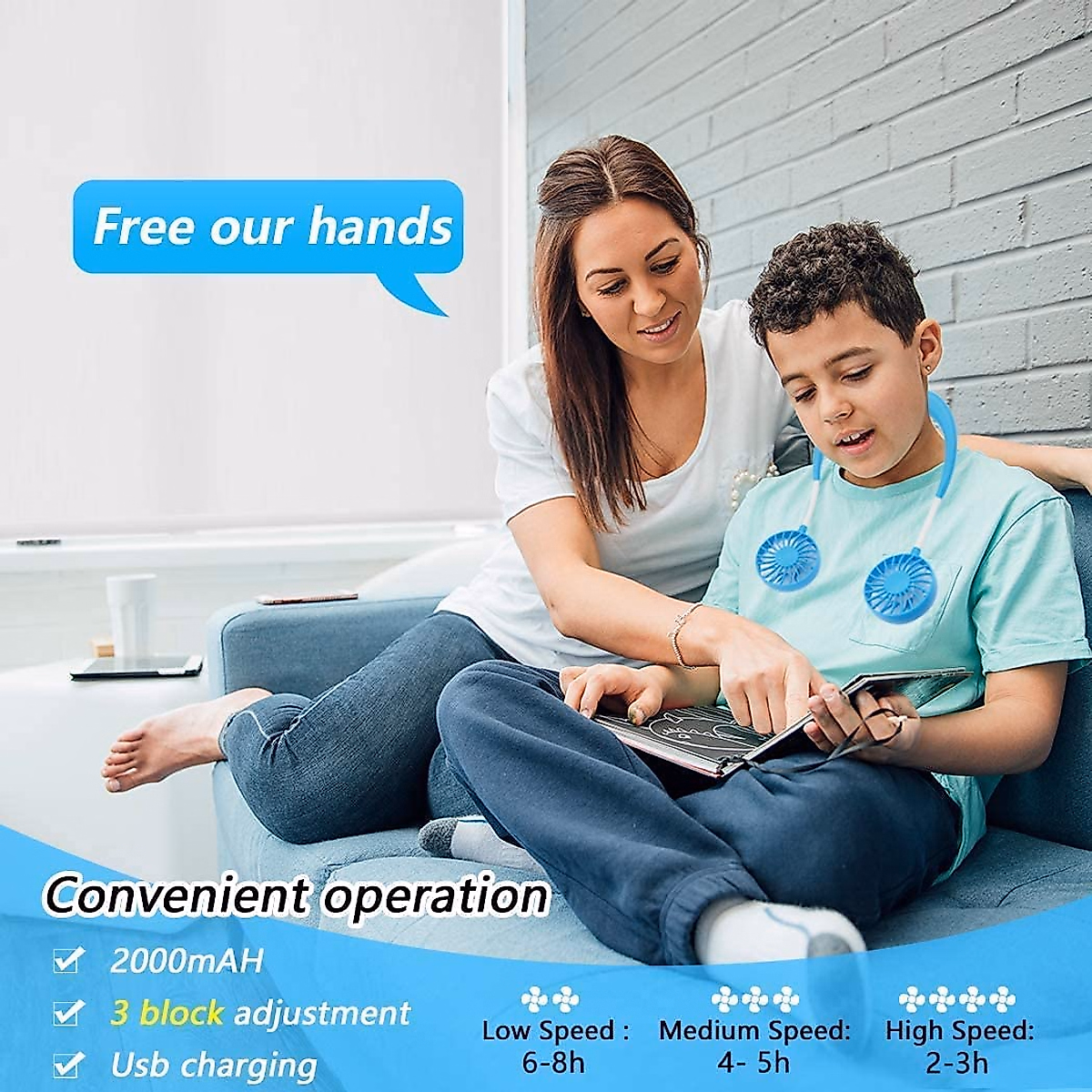 Hands Free Portable Neck Fan - Portable USB Battery Rechargeable Mini Fan with 3 Speeds Modes- Cooler Fan with Dual Wind Head for Home Office Travel Indoor Outdoor (Blue)