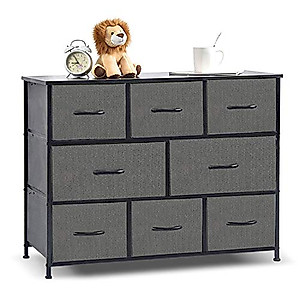 Deep Grey Fabric Dresser Storage Organizer 8-Drawer Closet Shelves, Dressers Storage Chest for Bedroom, Living Room, Hallway & Nursery with Easy Pull Fabric Bins Wood Top