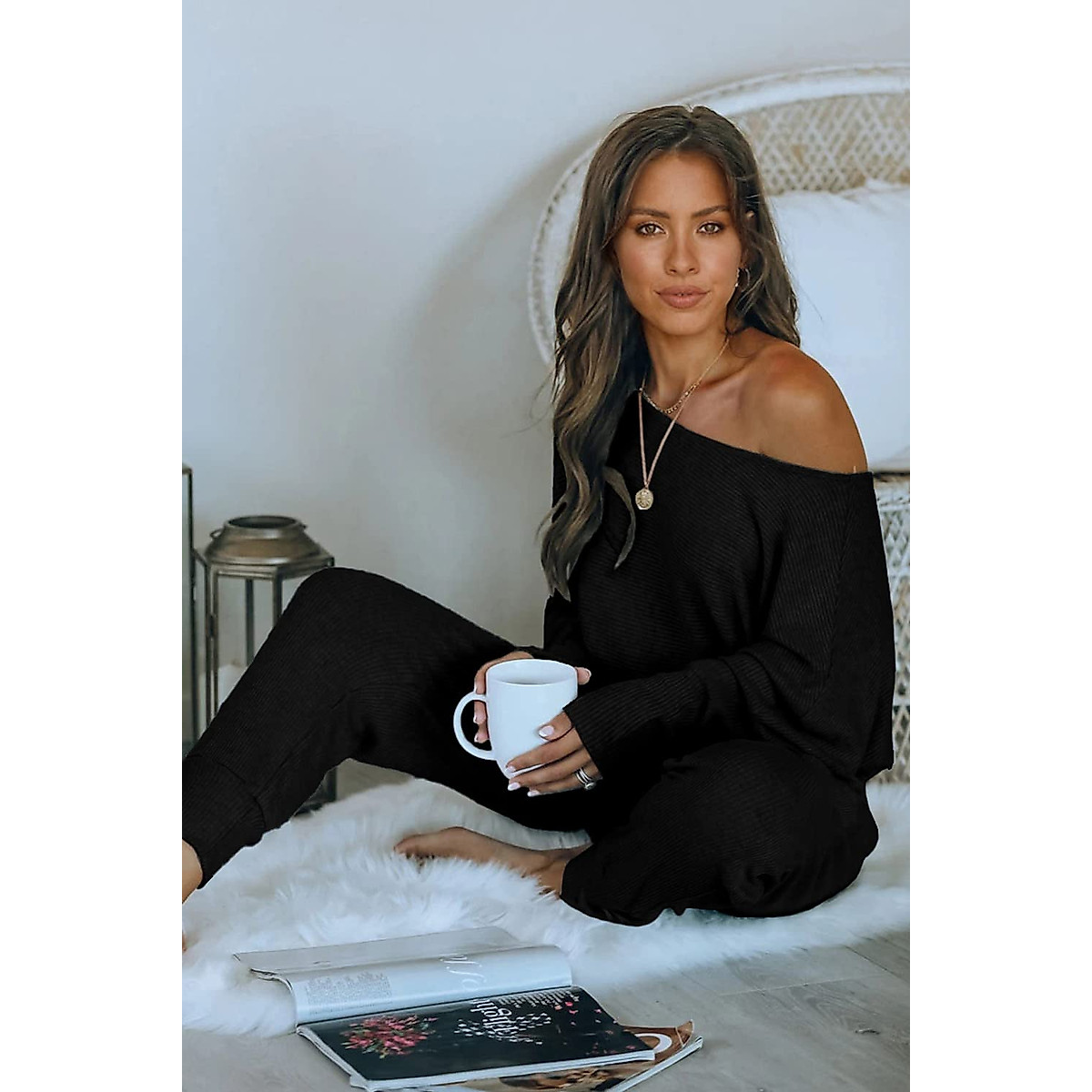 PRETTYGARDEN Women's 2 Piece Ribbed Tracksuit Outfits Off Shoulder Long Sleeve Pullover Long Pants with Pockets (Black,Large)