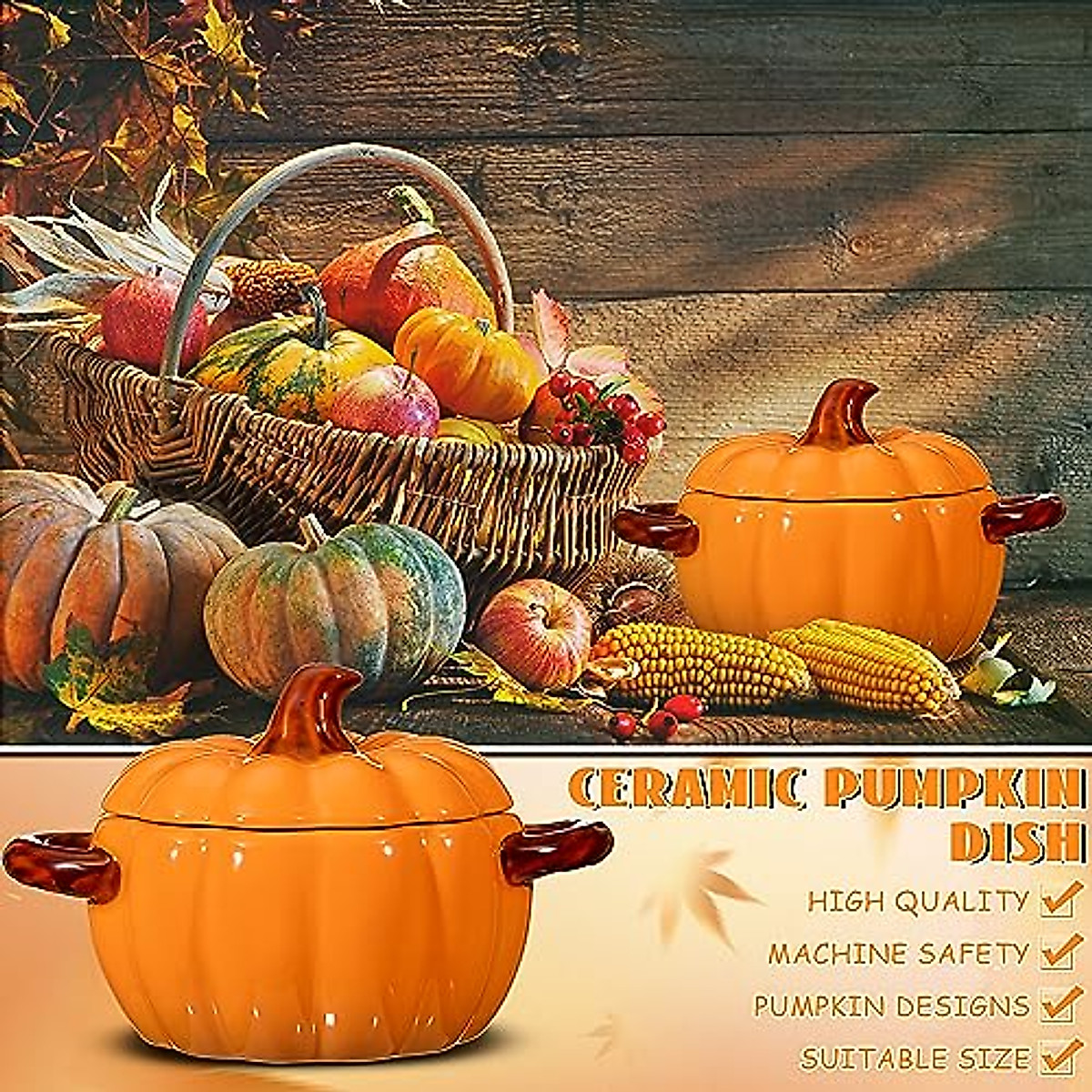 Uiifan 2 Pcs Pumpkin Bowls Ceramic Pumpkin Dish Casserole Cookware 17 oz Pumpkin Pots for Cooking Orange Cute Pumpkin Bowl Safe Oven Pot with Lid Double Ear for Halloween Thanksgiving Baking