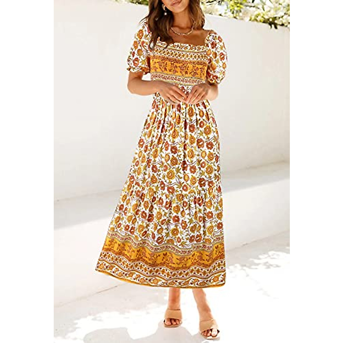 ZESICA Women's 2023 Summer Boho Floral Print Square Neck Ruffle Swing Beach Long Maxi Dress,Yellow,Medium
