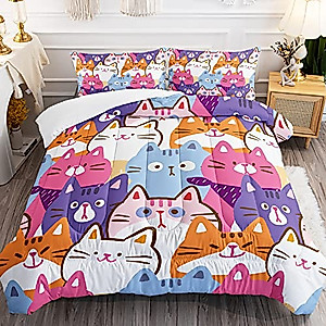 BSNTHO Cute Cat Comforter Set for Kids Boys Girls Cartoon Cat Kawaii Bedding Sets Full Size Kitten Comforter with 2 Pillowcases for All Season Skin-Friendly Lightweight