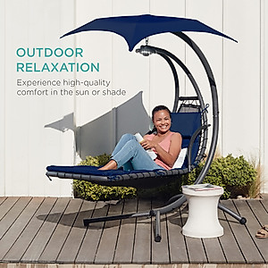 Best Choice Products Hanging LED-Lit Curved Chaise Lounge Chair Swing for Backyard, Patio, Lawn w/ 3 Light Settings, Weather-Resistant Pillow, Removable Canopy Shade, Steel Stand - Navy Blue