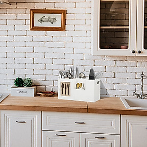 CBEYNCHOS Wooden Utensil Holder Cutlery Caddy,Flatware Organizers for Forks Spoons Knives Cooking Tools,Large Capacity,Kitchen Table Decor for Party Bar and Home use (Simple White A)