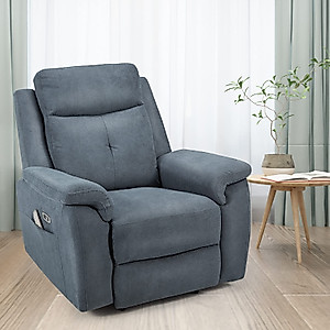AVAWING Electric Massage Recliner Chair w/Wireless Remote Control, Massage Heated Vibration Sofa w/Double Side Pockets & USB Charge Port, Home Fabric Microfiber Recliner for Living Room, Blue Grey