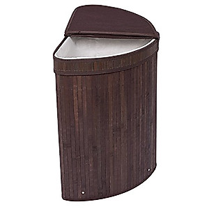 BIRDROCK HOME Corner Laundry Hamper with Lid and Cloth Liner - Bamboo - Espresso - Easily Transport Laundry Basket - Collapsible Hamper - String Handle