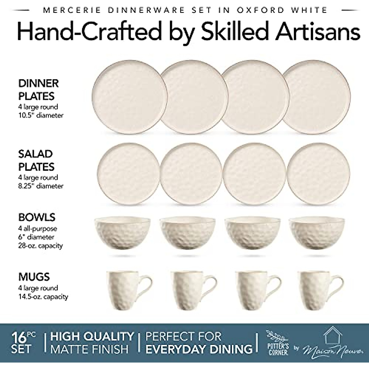 Potter's Corner by Maison Neuve 16-Piece Dinnerware Set Service for 4 - Hand Crafted Bowls and Plates Set w/Mugs, Stoneware Dinnerware Set, Microwave & Dishwasher Safe Plate Set - Oxford White