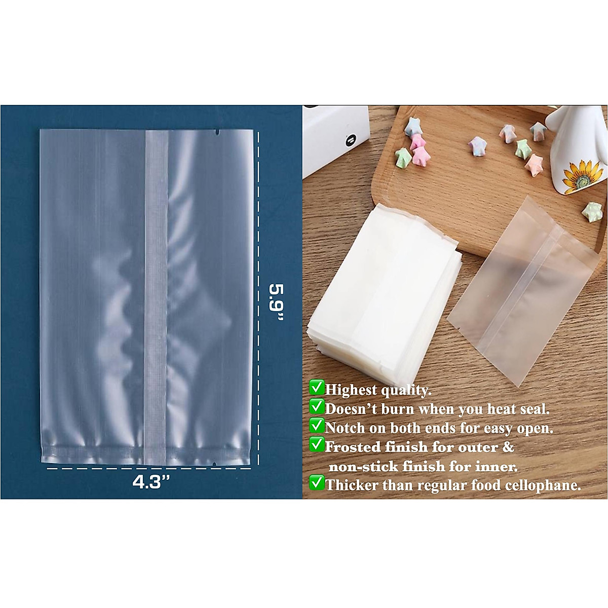 Matte Cookie Bags, 100 Pcs Frosted Cookie Bags, Heat Seal Cellophane Bags and not Self Adhesive Clear Cookie Bags,Food Bag,Favors, Products (Matte 4.3x5.9'')