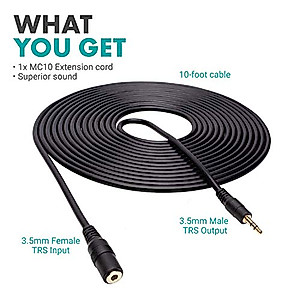 Movo MC10 3.5mm Audio Cable - 3.5mm TRS Female to Male 10ft Extension Cord for Microphones, Headphones, and More