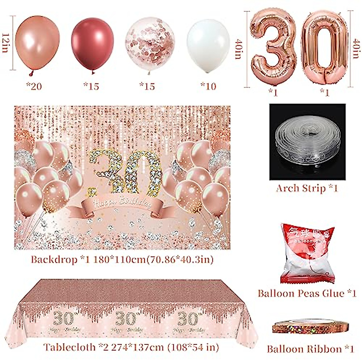 30th Birthday Decorations for Women - Rose Gold Happy 30th Birthday Decor Include Balloon Garland Arch Kit,30th Birthday Backdrop,Tablecloth,Number 30 Foil Confetti balloon 30 Years Old Party Supplies