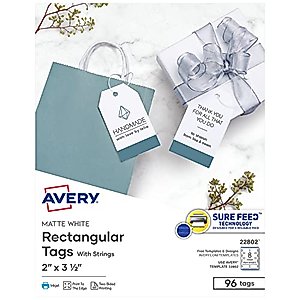 Avery Printable Blank Gift Tags with Sure Feed, 2" x 3.5", White, 96 Customizable Tags with Strings (22802)