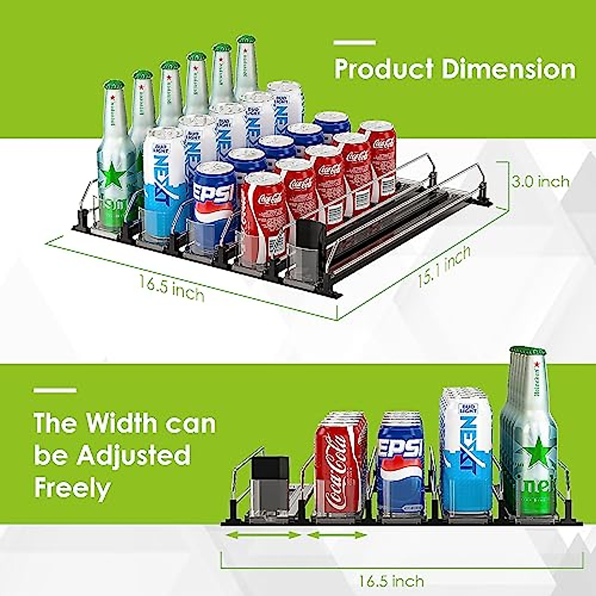 Soda Can Dispenser for Refrigerator,Self-Pushing Drink Organizer for Fridge, Width Adjustable Fridge Organization, Beer Pop Can Water Bottle Drink Dispenser for Fridge (5 Rows)