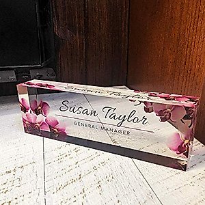 Artblox Custom Desk Name Plate - Orchids Design on Clear Acrylic Glass - Personalized with Your Name and Credentials for Office