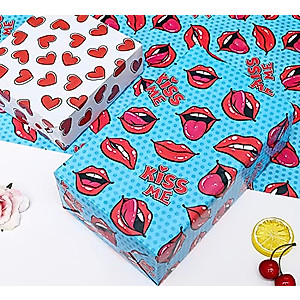 CAMKUZON Reversible Wrapping Paper for Valentine's Day, Birthday, Wedding, Holiday - 3 Large Sheets Red Lip with KISS ME and Heart Design Gift Wrap - 27 Inch X 39.4 Inch Per Sheet