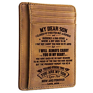 Fathers Day Birthday Gifts for Men, Graduation Gifts for Son from Mom, To My Son Engraved Leather Wallet, Mother and Son Gifts, Mens Wallets, Front Pocket Wallet, Slim Minimalist Wallets For Men