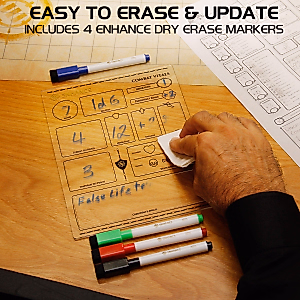 ENHANCE Tabletop Acrylic Character Sheet Set - Reusable 5e Dungeons and Dragons Character Sheets (Combat, Spell, Equipment) for All DND 5e Classes - Includes 3 Pages, Dry Erase Markers, Travel Pouch