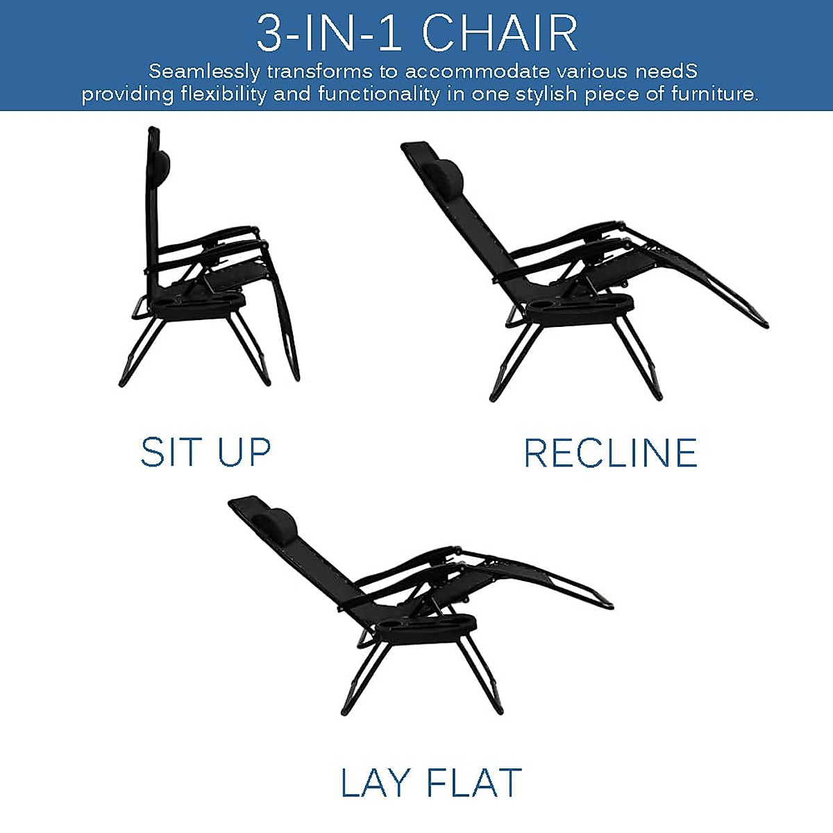 EZONE Zero Gravity Lounge Chairs Outdoor Adjustable Reclining Patio Chair Steel Mesh Folding Recliner for Pool Beach Camping Lounge Chair with Pillows and Cup Tray (1, Black)