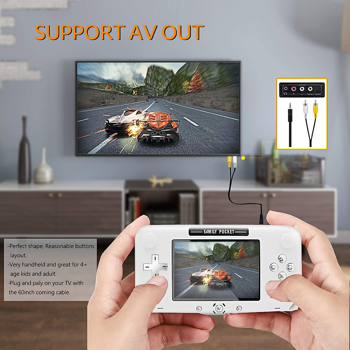 Handheld Games Console Built-in 2000 Classic Games 4 Inch Screen Retro Game Player Electronic Travel Games Support TV and 2 Players for Kids Adults