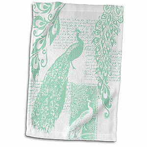 3D Rose Mint Green Vintage Peacock-Birds Hand/Sports Towel, 15 x 22