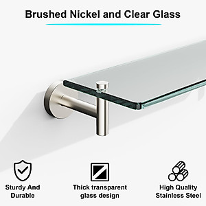KOCOK Glass Shelves for Bathroom,15.8-Inch Brushed Nickel Floating Glass Bathroom Shelf Stainless Steel Tempered Glass Shelf Modern Wall Mount Accessories