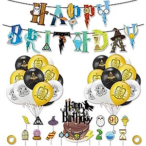Birthday Party Decoration Boys Magical Wizard Themed Party Decorations Happy Birthday Banner Cupcake Toppers Balloons Party Supplies For Harry Magical Potter Birthday (Golden)