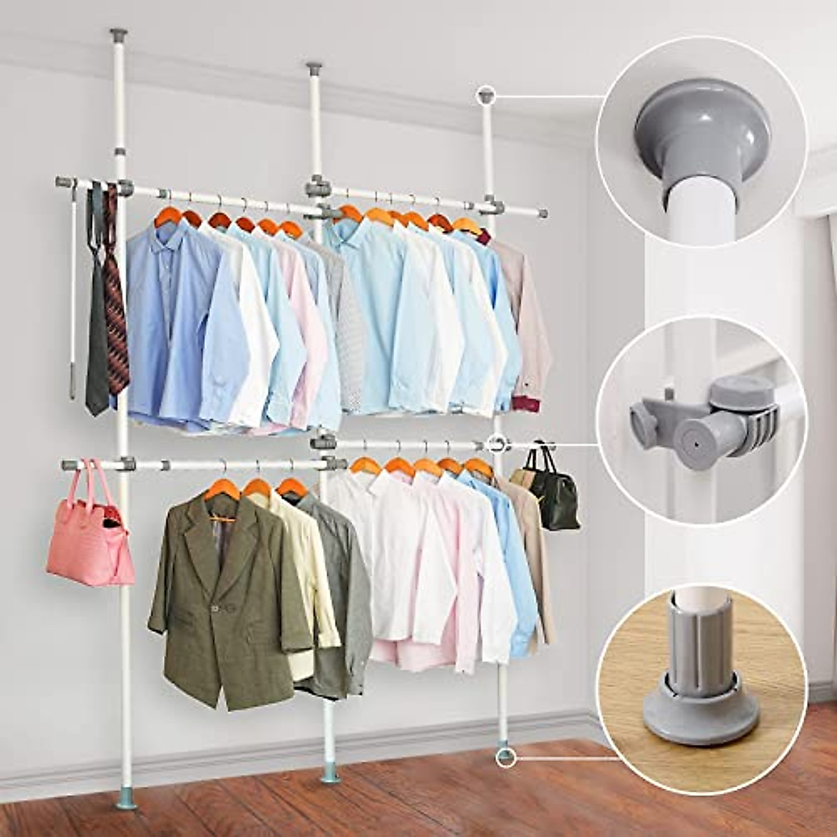 Double Clothing Rack, Adjustable Racks for Hanging Clothes, 2 Tier Clothes Heavy Duty Garment White Closet Freestanding System