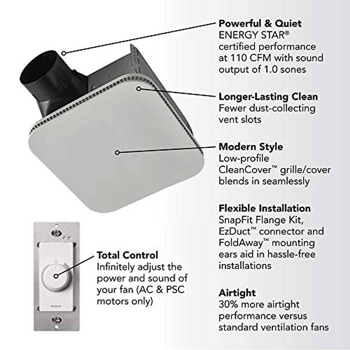 Broan-NuTone AER110KA Ventilation Fan with Infinitely Adjustable Speed Control Switch and Roomside Installation, 110 CFM