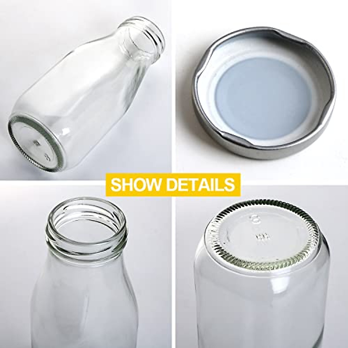 12 oz Glass Bottles, Clear Glass Milk Bottles with Silver Metal Airtight Lids, Vintage Breakfast Shake Clear Container, Vintage Drinking Bottles with Whiteboard Labels and Pen for Party,Kids,Set of 20