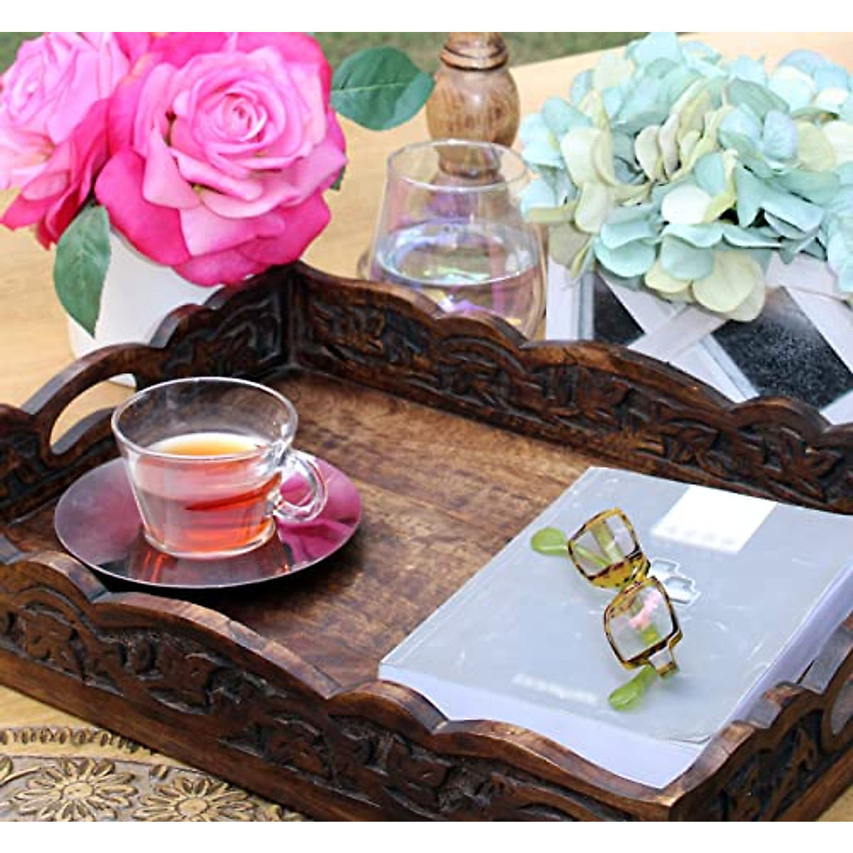 Hand Carved Wooden Serving Tray - Decorative Breakfast Tray with Handles - Rustic Wooden Food Tray with Intricate Detail - Unique Furnishing Accent - Natural Finish - 17 x 13 x 2.5 Inch - COTTON CRAFT