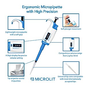 MICROLIT - Complete Starter Kit, Pipettes with 0.5-10ul, 10-100ul, 100-1000ul and 1-10ml Liquid Capacity, 4-Piece Set of Pipettes with a Carousel Stand and Compatible Micropipette Tips