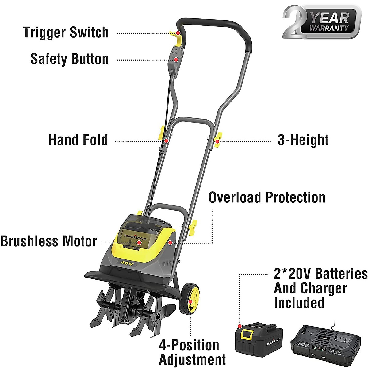 PowerSmart 40V 12" Cordless Tiller/Cultivator, Two 20V 4.0Ah Battery and Charger Included