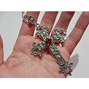 Large Gothic Cross Necklace silver-tone pendant on 24" steel chain with RED stone
