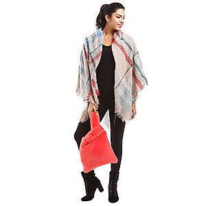 Me Plus Soft Faux Fur Pull Through Strap Slouchy Wrist Fashion Tote Bag (Coral)