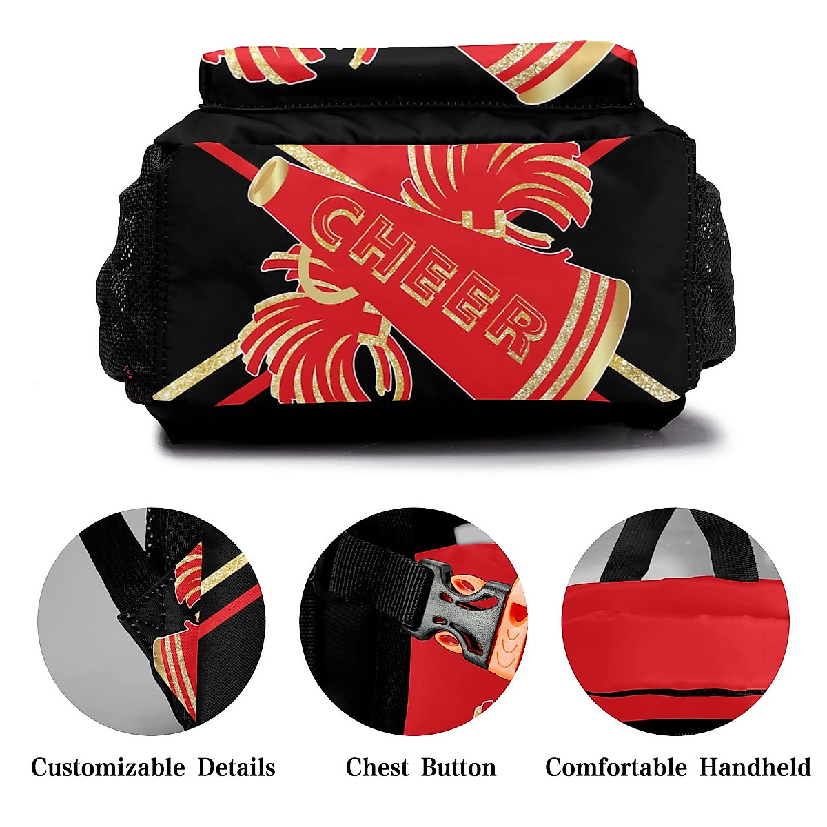 BigBigift Custom Cheer Red Black Cheerleaders Waterproof Backpack Bookbag with Name for Birthday Holiday Gift, 12.2(L)x5.9(W)x16.5(H)inch