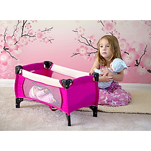 fash n kolor Doll Pack N Play Crib Fits up to 18" Dolls Blanket and Carry Bag Included (Hot Pink)