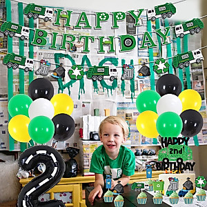 Garbage Truck 2nd Birthday Party Decorations Trash Truck Happy Birthday Banner Garland Cake Topper Cupcake Toppers for Waste Management Birthday Party Decor Supplies