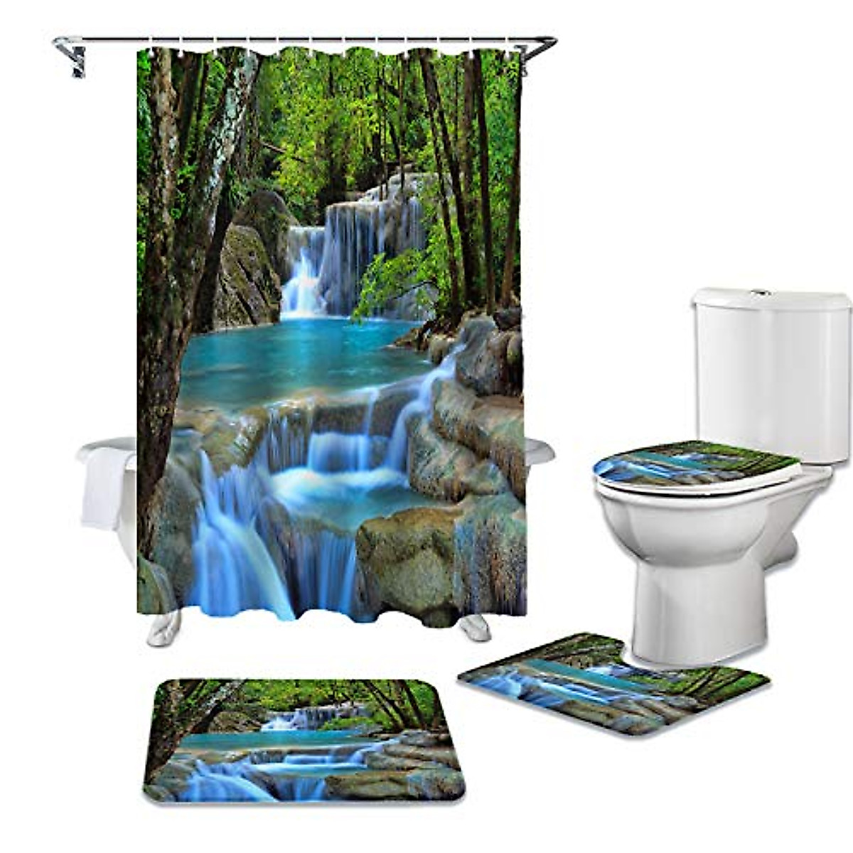 Prime Leader 4 Pcs Shower Curtain Set with 12 Hooks, Mountain Waterfall Tree Landscape Bathroom Decor Sets with Non-Slip Bath Mat Toilet Lid Cover, Durable Waterproof Shower Curtain and Rugs Set