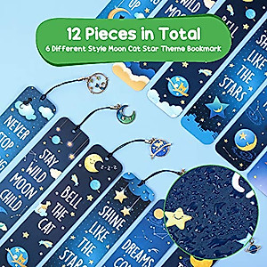 12 Pcs Bookmarks for Children Cat Moon Star Celestial Theme Space Bookmarks with Metal Charms Inspirational Quotes Bookmarker Gift for Kids Boys Girls School Reading (Novelty Style)