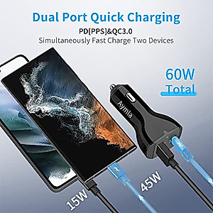 USB C Super Fast Charging Car Charger, Aymla 60W/45W/25W/15W PD[PPS] & QC3.0 Adaptive Adapter for Samsung Galaxy S23 Ultra/Plus/S22/S21, Note 20/10, Google Pixel, MacBook, iPad Pro - 6ft Type-C Cord