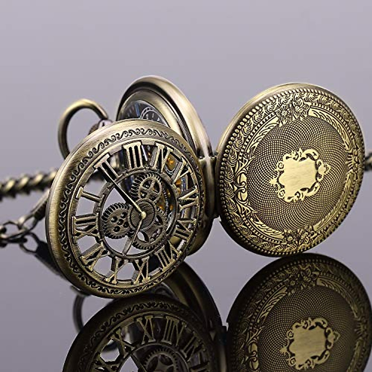 SIBOSUN Pocket Watch Skeleton Mechanical Double Case Hand-Wind Bronze Roman Numerals Antique Chain Mens