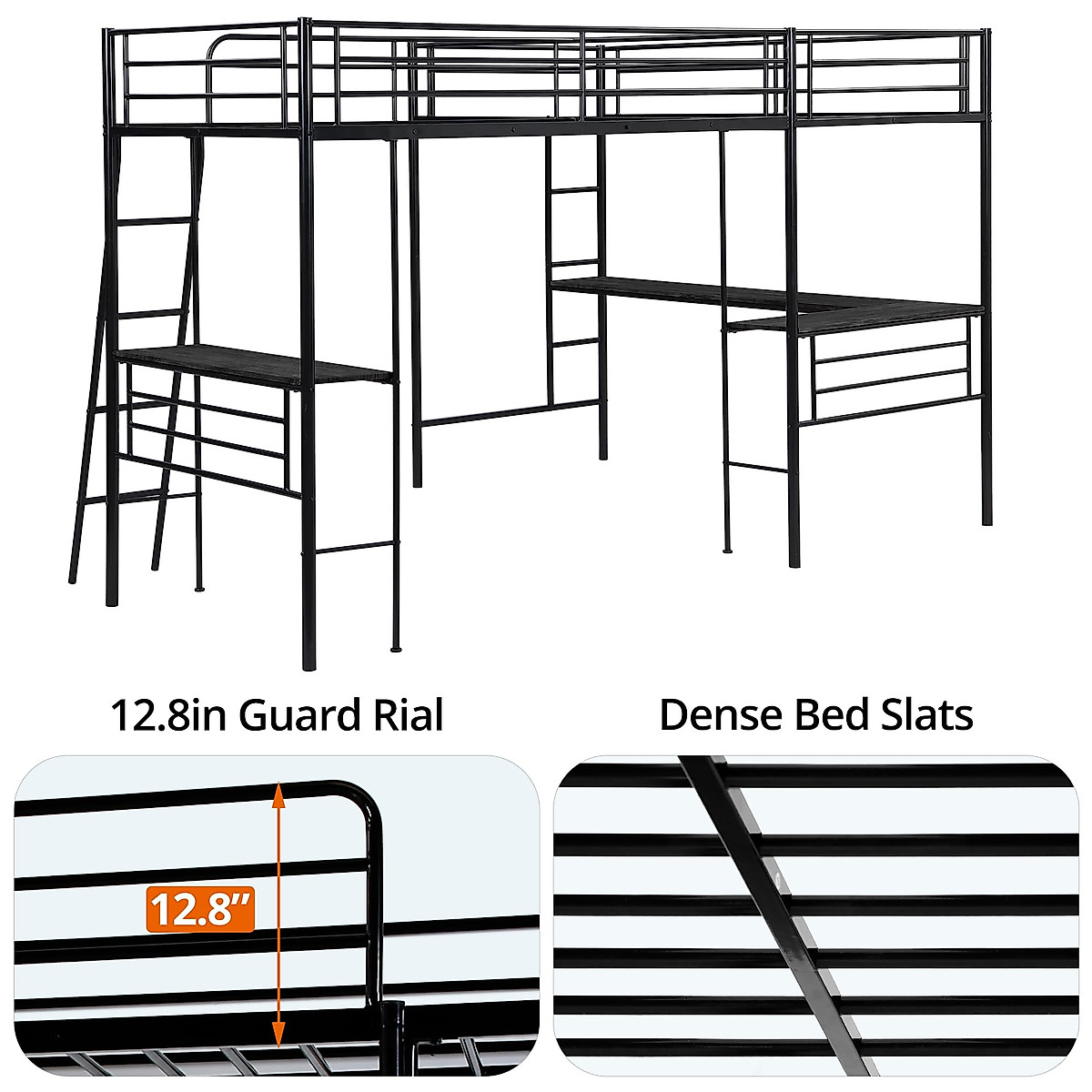 INCLAKE Twin Size L-Shaped Loft Bed with 2 Built-in Desks, Metal Loft Corner Bed with 2 Ladders and Safety Guard Rail, Heavy-Duty Bunk Bed for 2 Children Adults, Space Saving & No Noise, Black