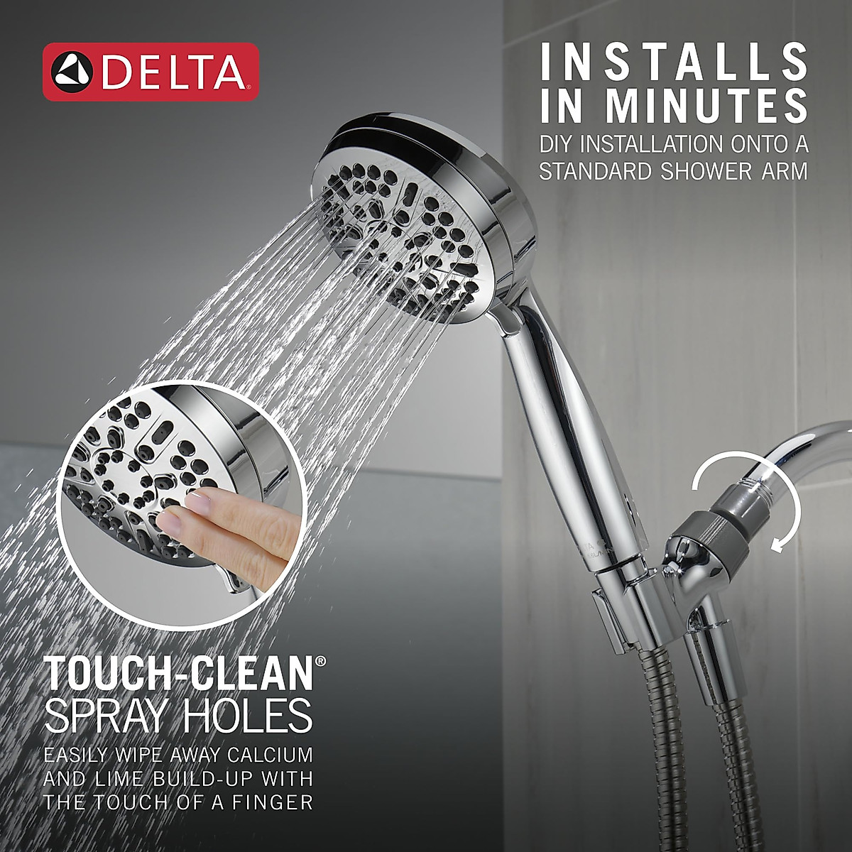 Delta Faucet 5-Setting Handheld Shower Head, Chrome Shower Head with Hose, Showerheads & Handheld Showers, Handheld Shower Heads, Detachable Shower Head, Hand Shower 1.75 GPM, Chrome 75511