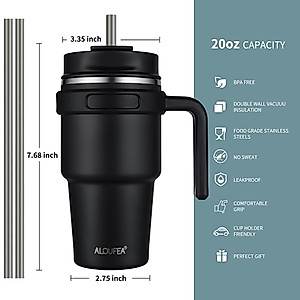 ALOUFEA 20 oz Insulated Coffee Mug Tumbler with Handle, Stainless Steel Travel Mug Tumbler with Lid and Straw,Double Wall Vacuum Leak Proof Ice Coffee Thermal Cup, Black
