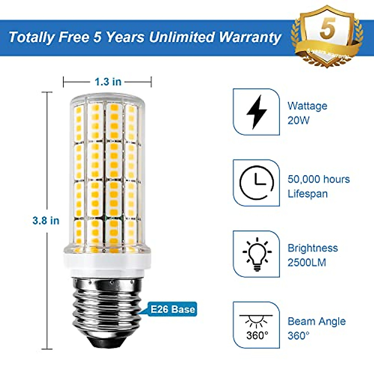 LED Light Bulb 2500lumen 200w Equivalent Super Bright 3000K Warm Daylight White 20W LED Bulbs Waterproof E26/E27 Medium Base for Outdoor Indoor Home Garage Backyard LED Corn Light Bulb Pack of 4