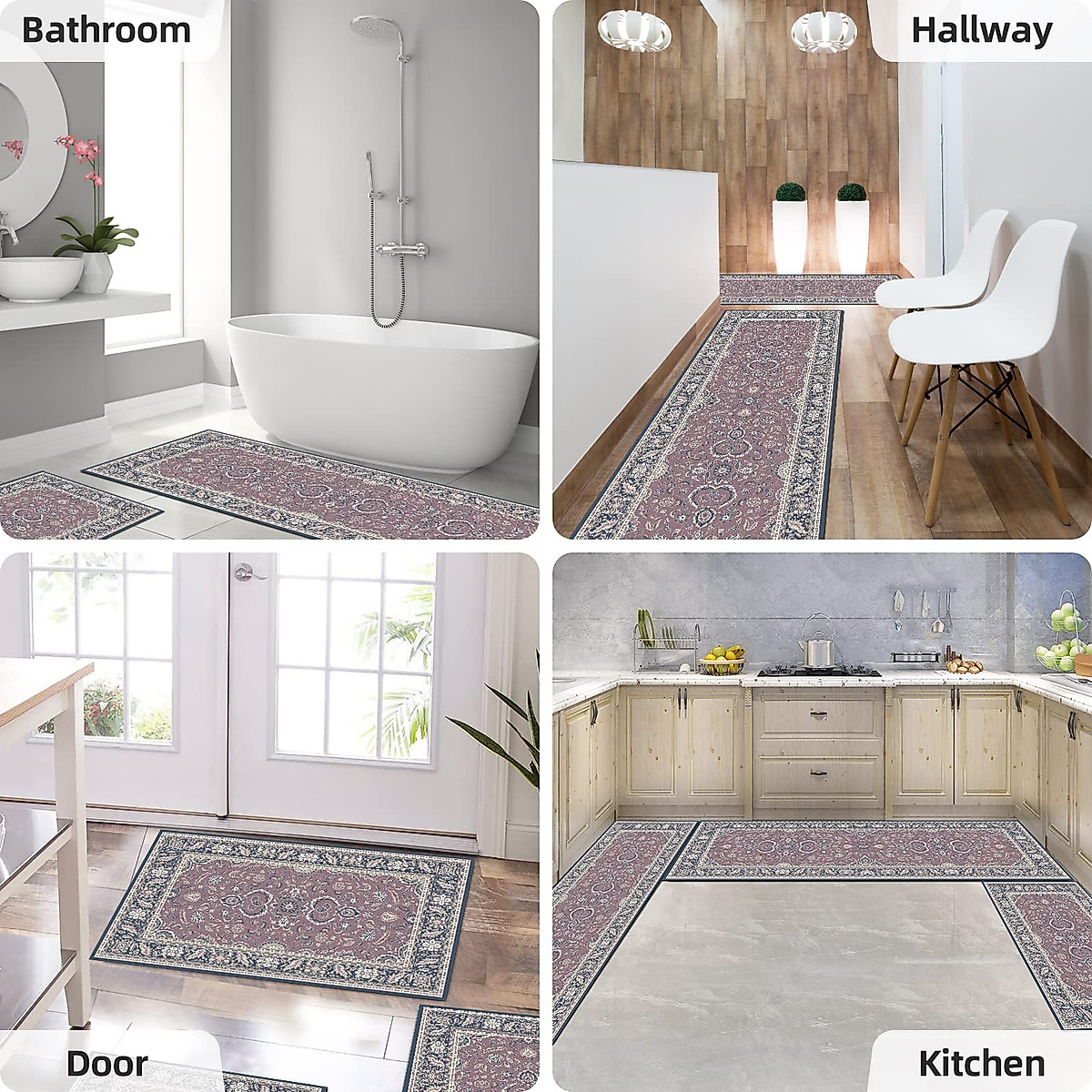 Jinaply Kitchen Rugs Sets 3 Piece with Runner Non Slip,Kitchen Rugs and Mats,Red Bohemian Kitchen Runner Rug Set for Non Skid Washable for Hallway Kitchen Laundry Room Bathroom