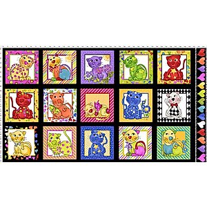 Loralie Designs Cat Happy Black Fabric Panel for Quilting