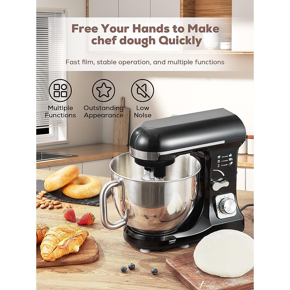 Stand Mixer Fohere, with Double Dough Hook, Wire Whip & Beater, 6+ P Speed Tilt-Head Food Mixer, Pouring Shield for Home Cooking, Dishwasher Safe Stainless Steel Bowl with Handle (Black)