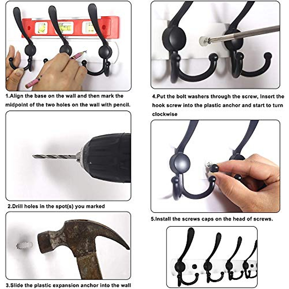 Coat Rack Wall Mounted, Coat Hanger Wall 5 Tri Hooks Heavy Duty Stainless Steel Coat Hook Rail for Coats Towels Purse Robes Keys and Hats(Black)