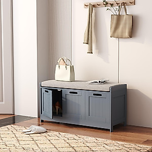 HOMEFORT Shoe Storage Bench, Wooden Shoe Bench with 3-Door Cabinets, Entry Way Home Organizer Bench, Entryway Bench with Padded Cushion Seat, Grey Storage Bench for Bedroom.