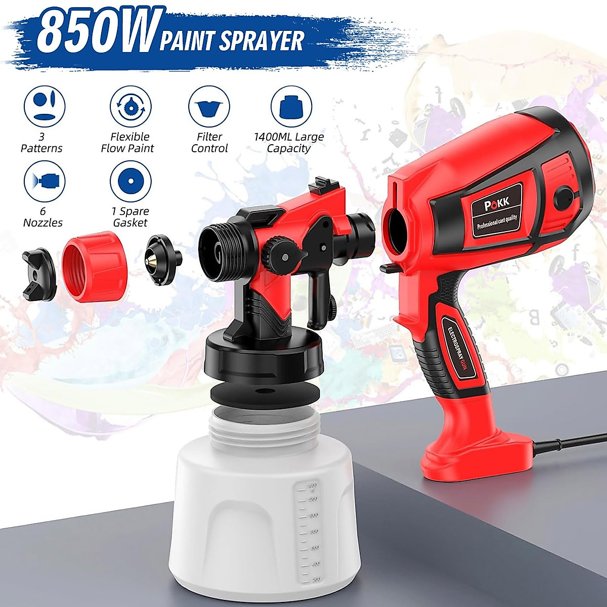 Pokk Paint Sprayer, 850W HVLP Electric Spray Paint Gun, 6 Copper Nozzles and 3 Spray Patterns, Easy to Clean, Paint Sprayers for Home Interior and Exterior, Cabinets, Furniture,Fence, Walls Etc.